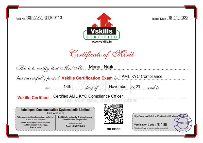 Manali Naik - Certified AML-KYC Compliance Officer