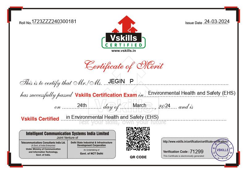 JEGIN P - Certificate in Environmental Health and Safety (EHS)
