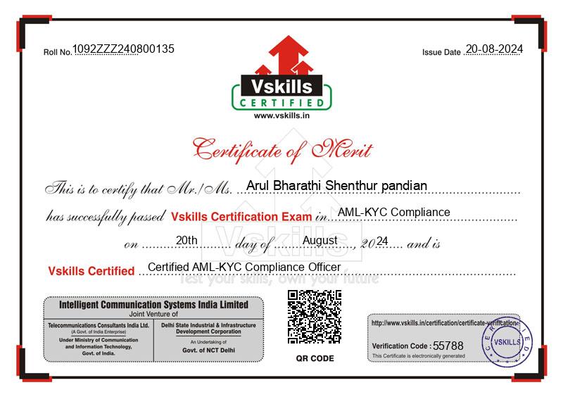 Arul Bharathi Shenthur pandian - Certified AML-KYC Compliance Officer